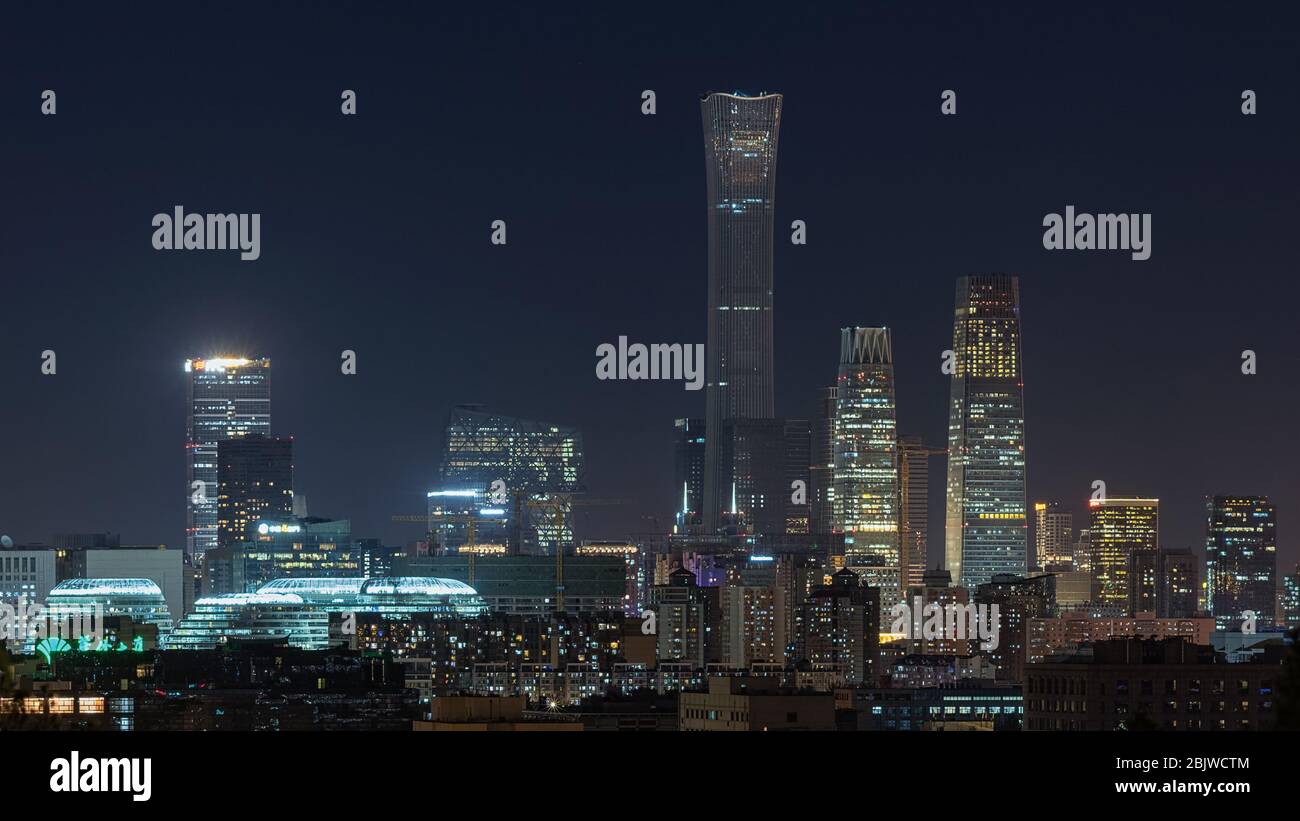 Night view of skyscrapers in the Central Business District in Beijing ...