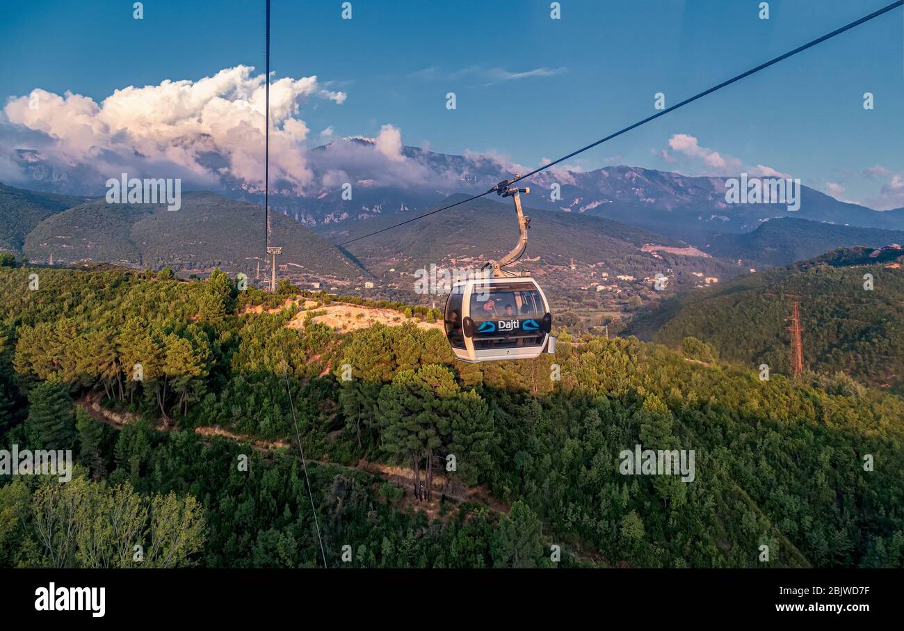 Sunset landscape seen to Dajti mountains from the Dajti Express cable ...