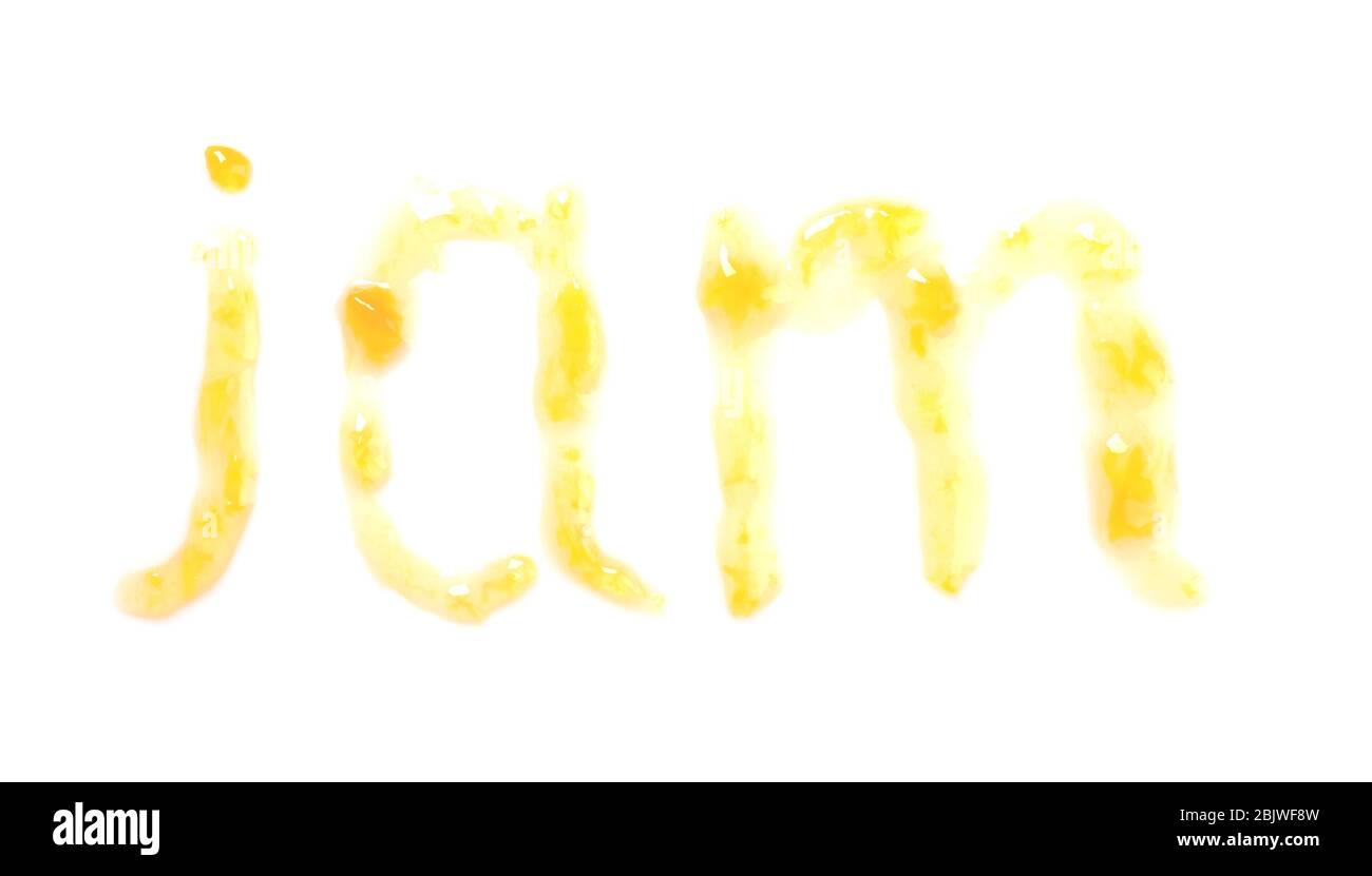 Word "JAM" made of sweet jam on white background Stock Photo - Alamy