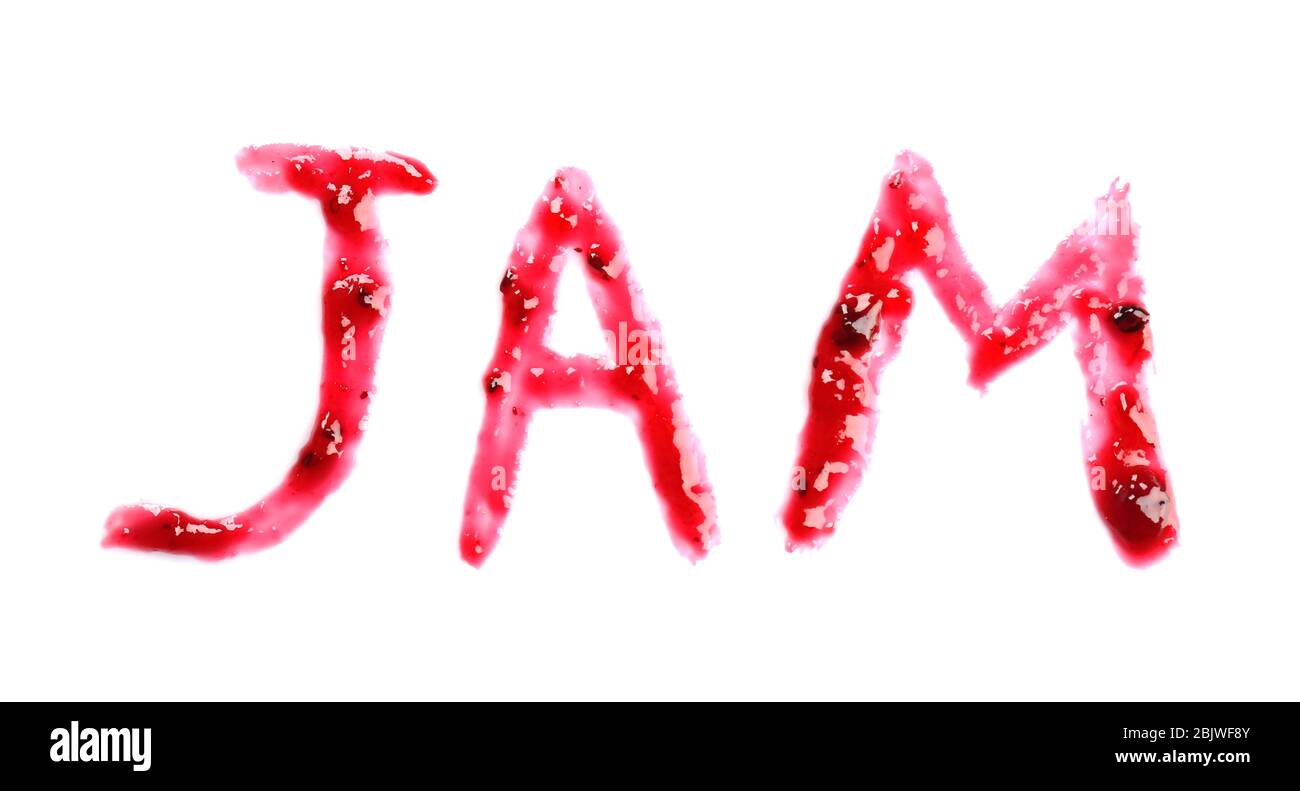 Word "JAM" made of sweet jam on white background Stock Photo - Alamy