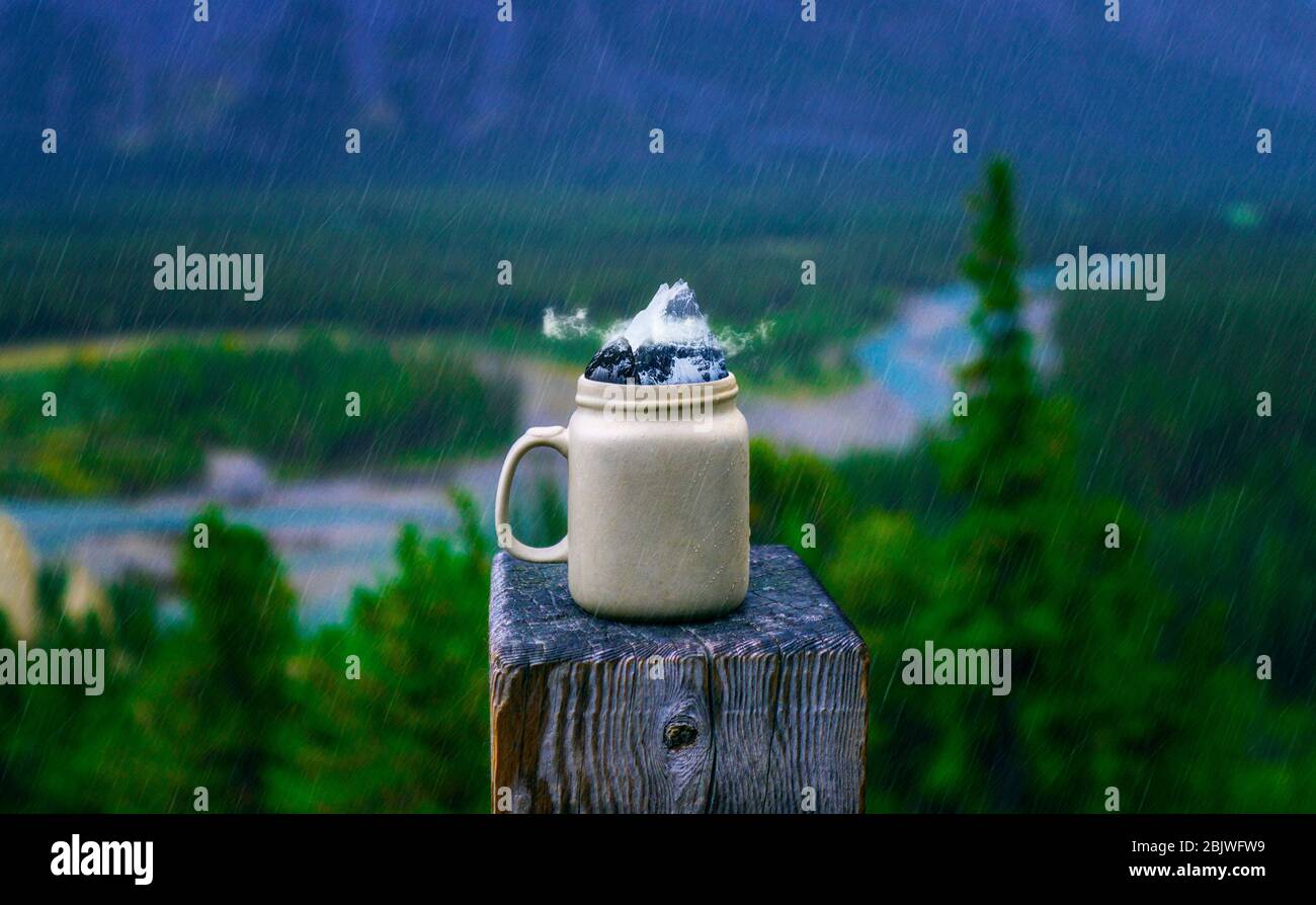 Mountain Peaks Inside Coffee Mug In Rain Artistic Concept In Northwest ...