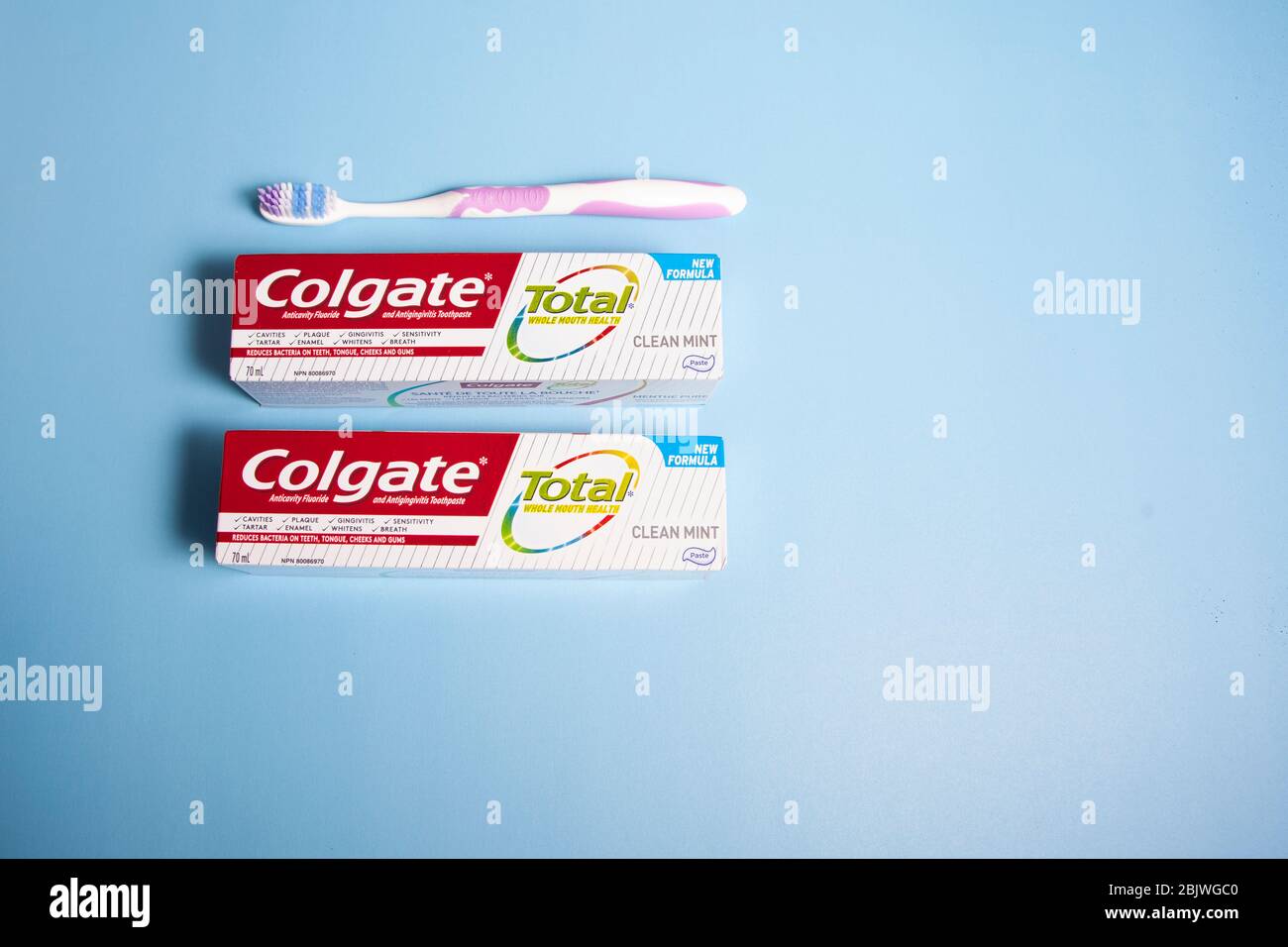 Halifax, Canada - April 11, 2020- two packages of Colgate brand ...