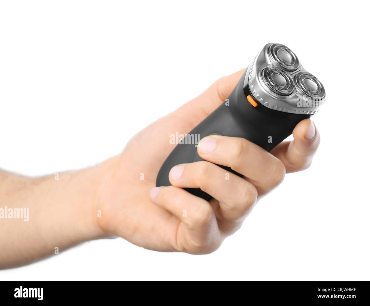 Man holding electric shaver on white background Stock Photo - Alamy