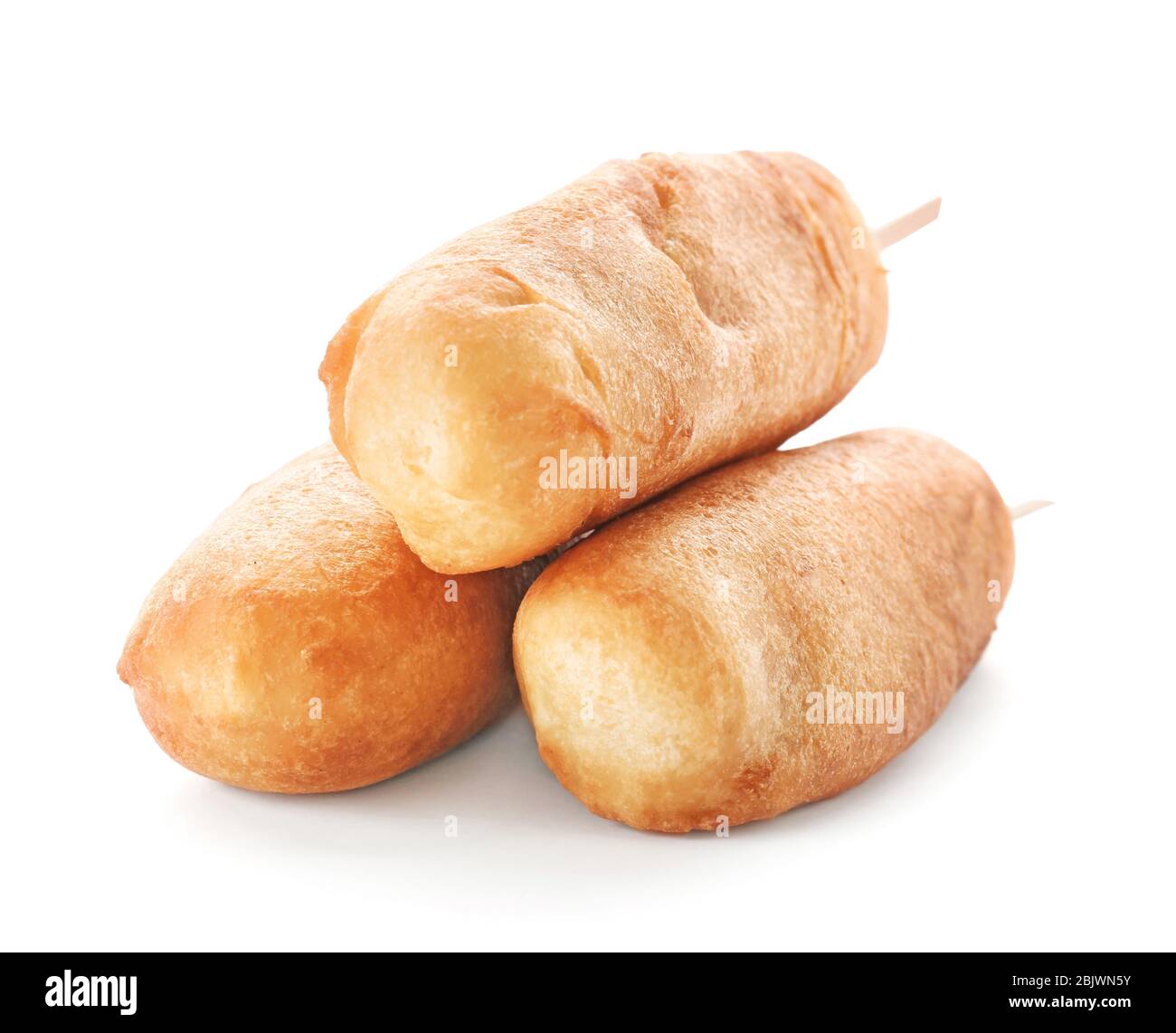 Tasty corn dogs on white background Stock Photo - Alamy
