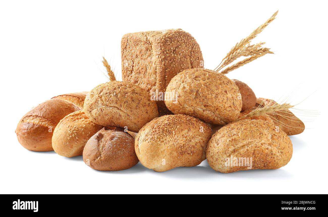 Bread products on white background Stock Photo - Alamy