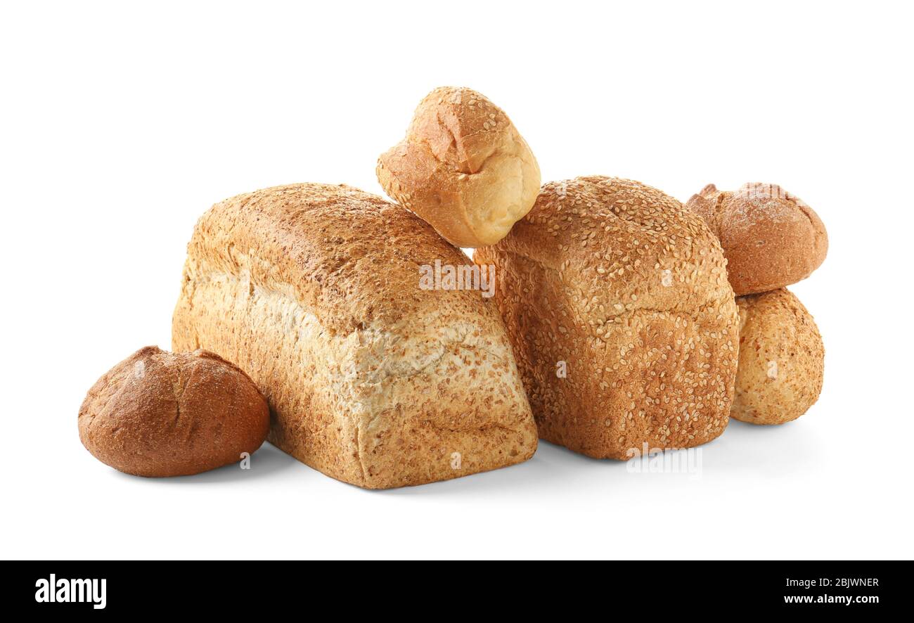 Bread products on white background Stock Photo - Alamy