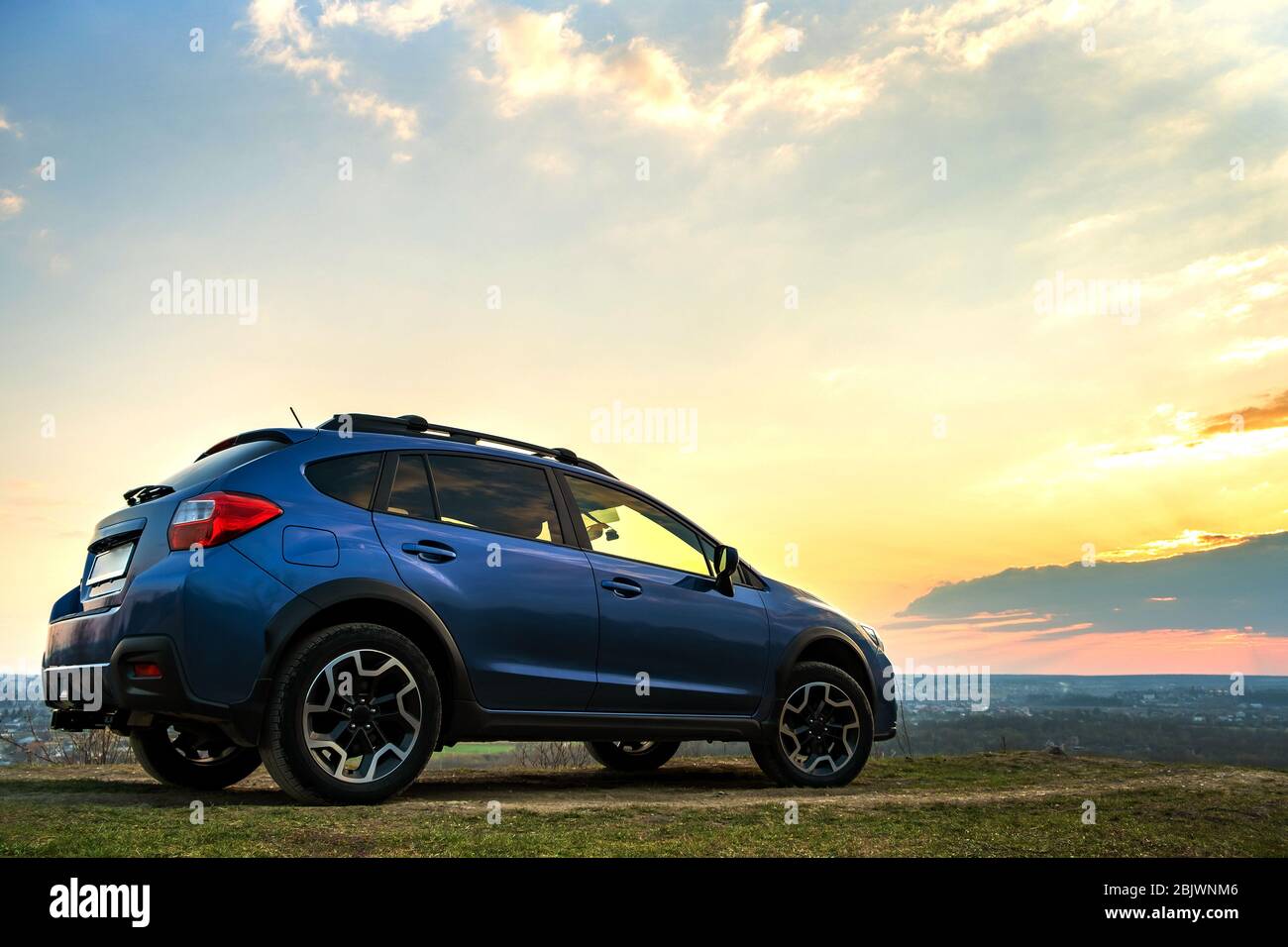 Landscape with blue off road car at sunset, Traveling by auto ...