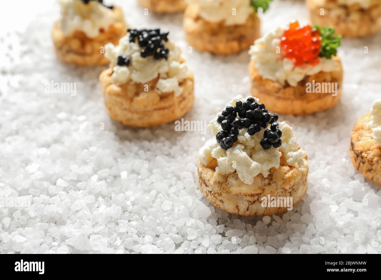 Delicious canapes with black and red caviar on sea salt Stock Photo - Alamy