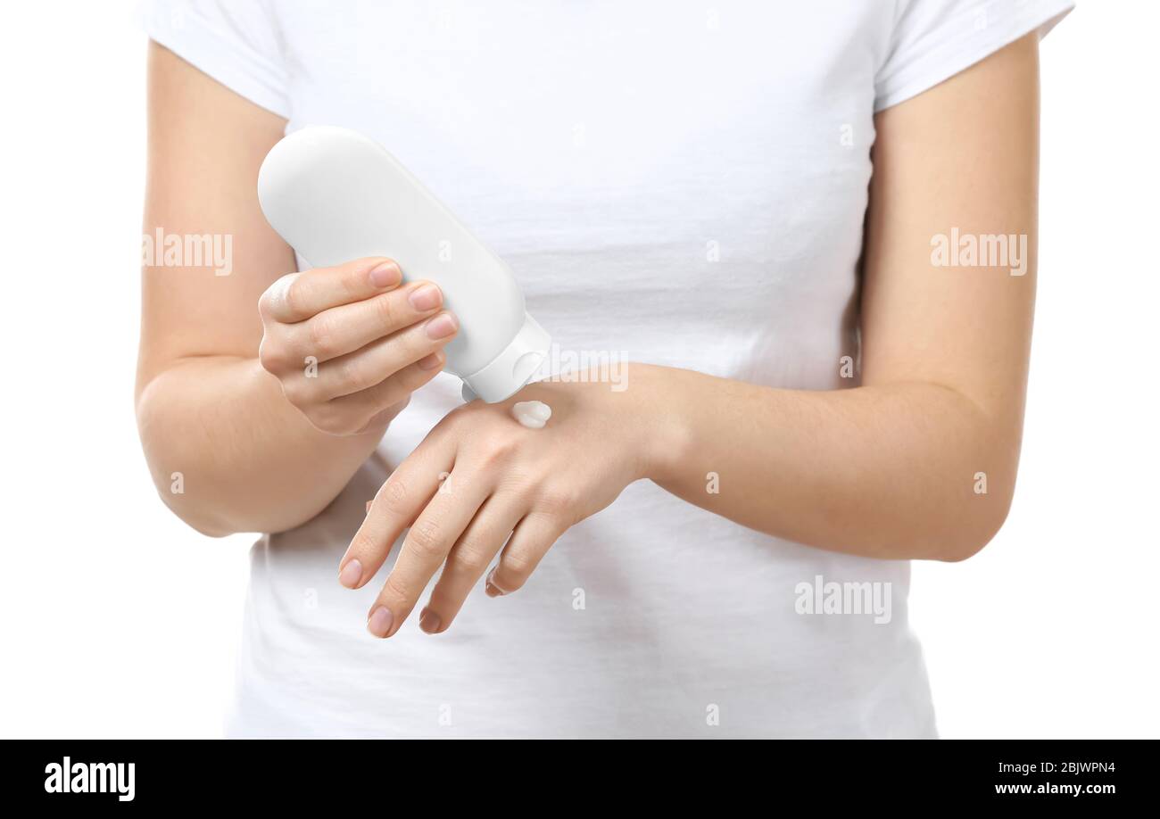 Woman applying body cream onto skin, closeup Stock Photo - Alamy