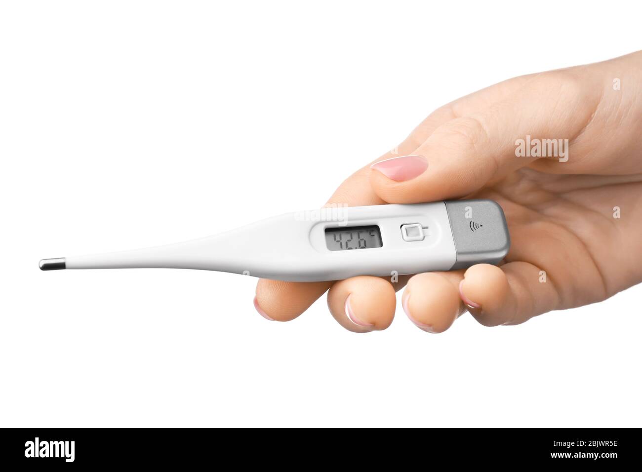 Woman holding digital thermometer on white background Stock Photo - Alamy
