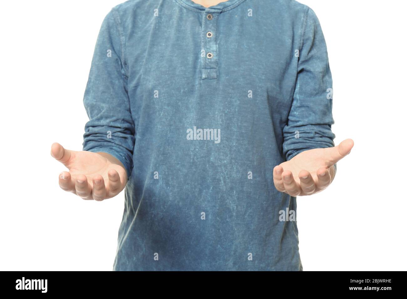 Man showing balance gesture on white background Stock Photo - Alamy