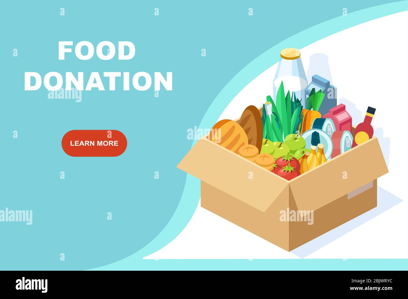 Vector of a box with groceries. Food donation drive program banner ...