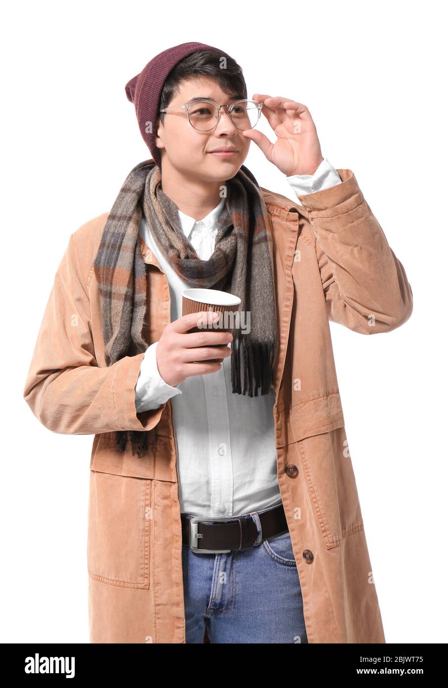 Portrait of handsome hipster in stylish outfit on white background ...