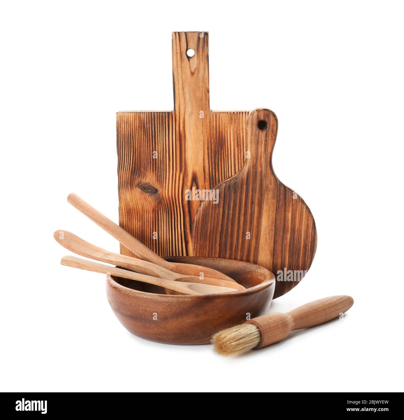 Wooden kitchen utensils on white background Stock Photo - Alamy