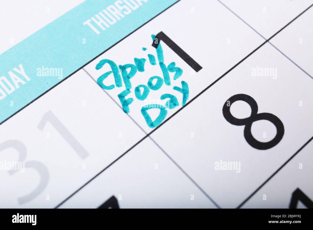 Calendar with date reminder, closeup. April fool's day celebration ...
