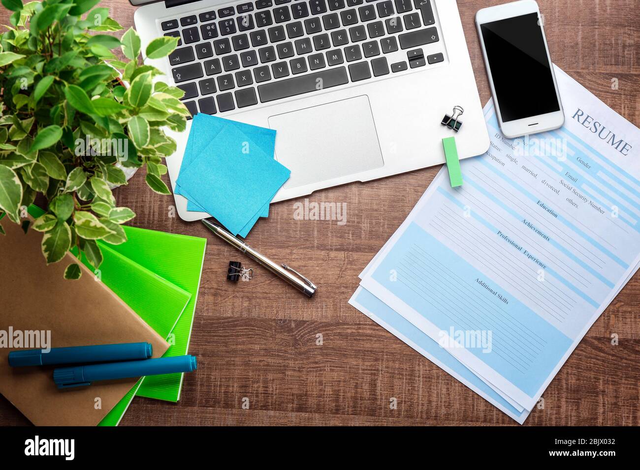 Resume forms with laptop and office stationery on table. Job interview ...