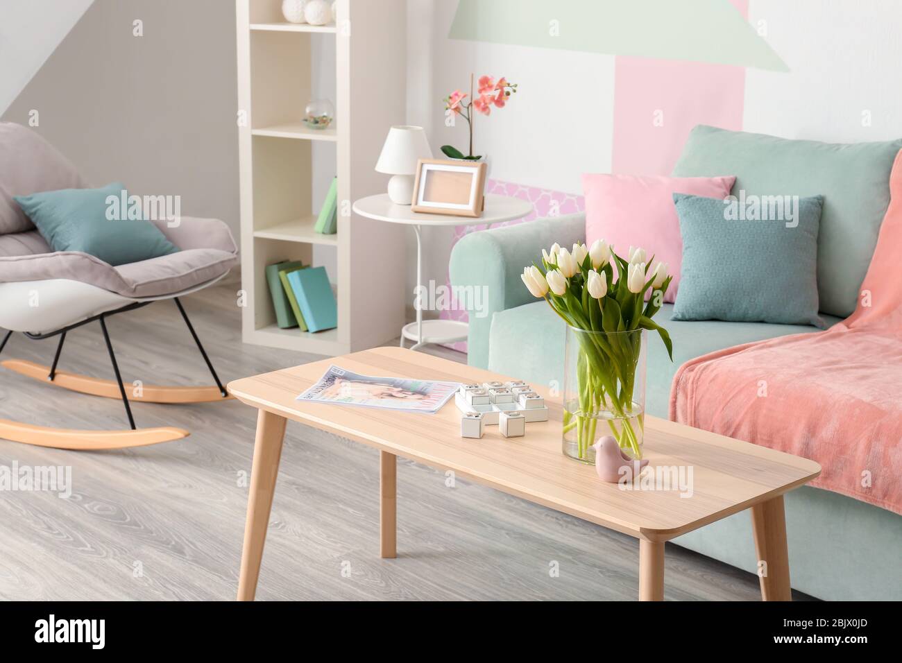 Elegant living room interior with table and comfortable sofa Stock ...