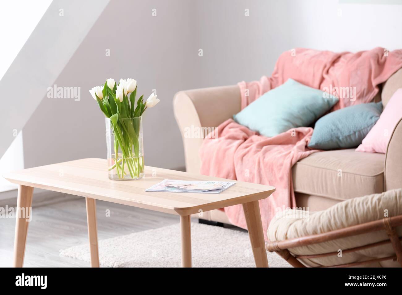 Elegant living room interior with table and comfortable sofa Stock ...