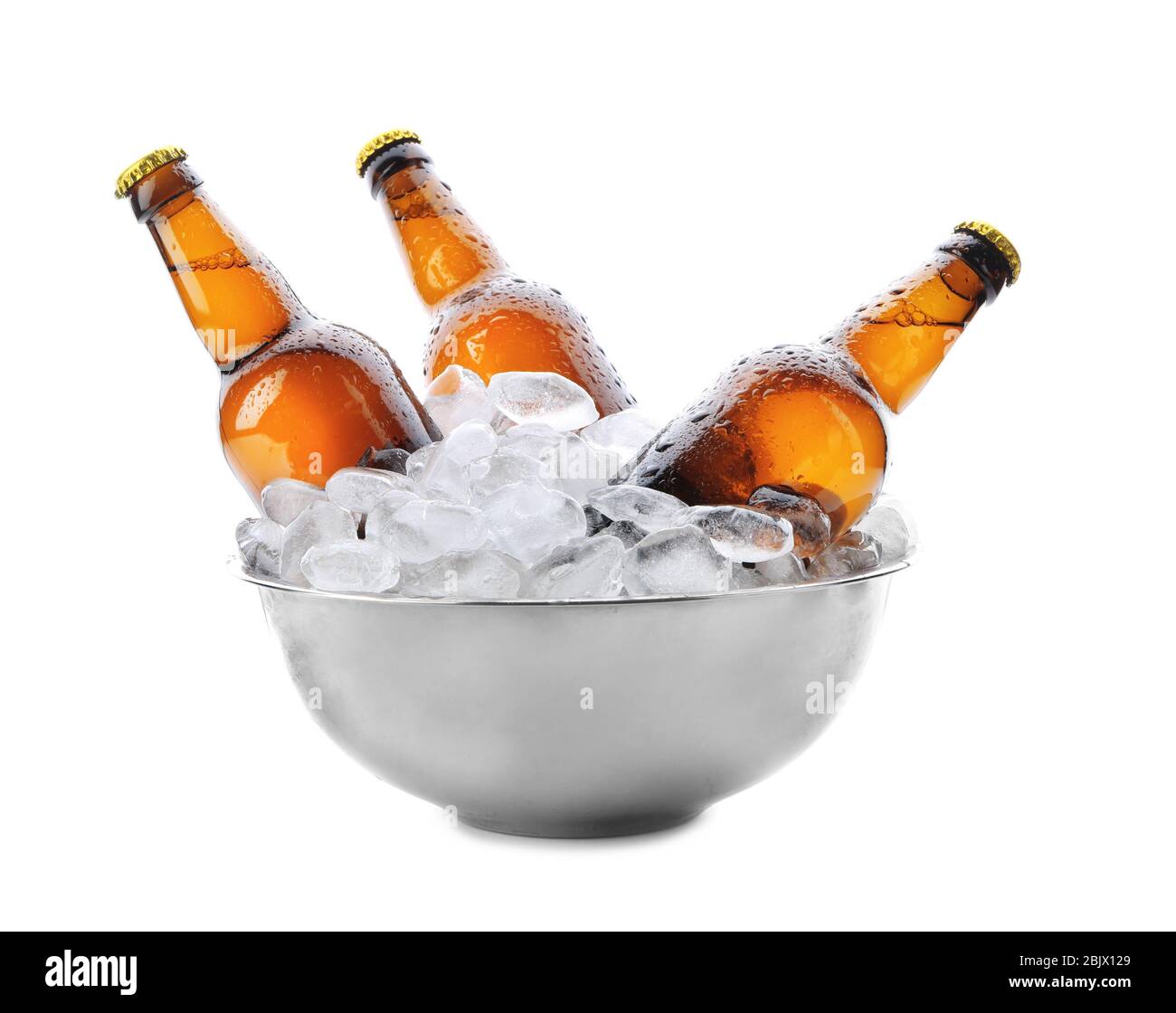 Bowl with bottles of beer in ice on white background Stock Photo - Alamy