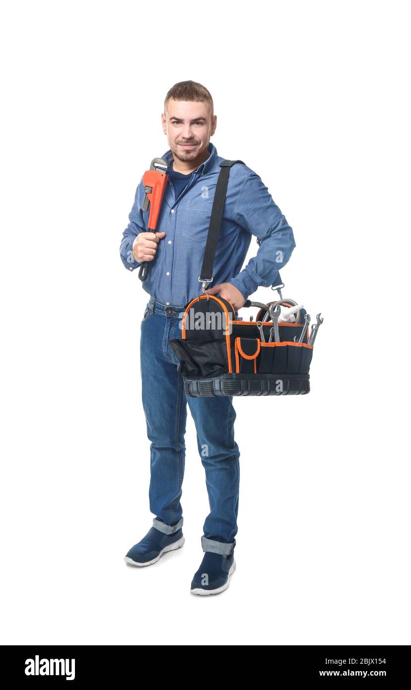 Plumber with tool bag and pipe wrench on white background Stock Photo ...