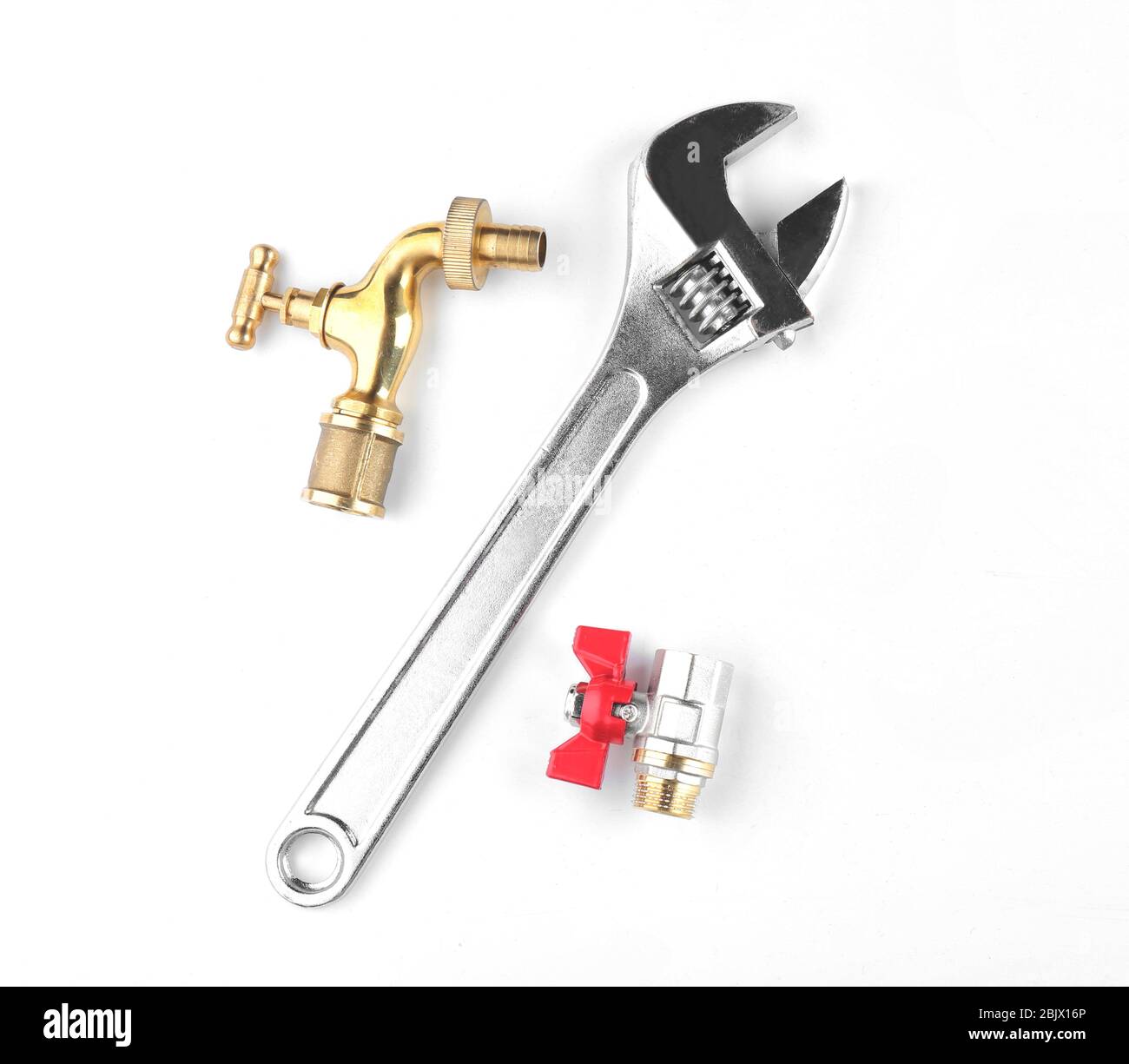 Plumber's items on white background Stock Photo - Alamy