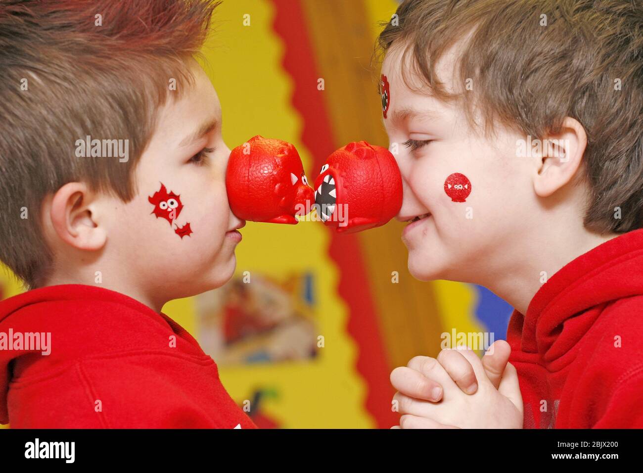 Red Nose Day Wales. Two school children from Wales show off their Comic ...