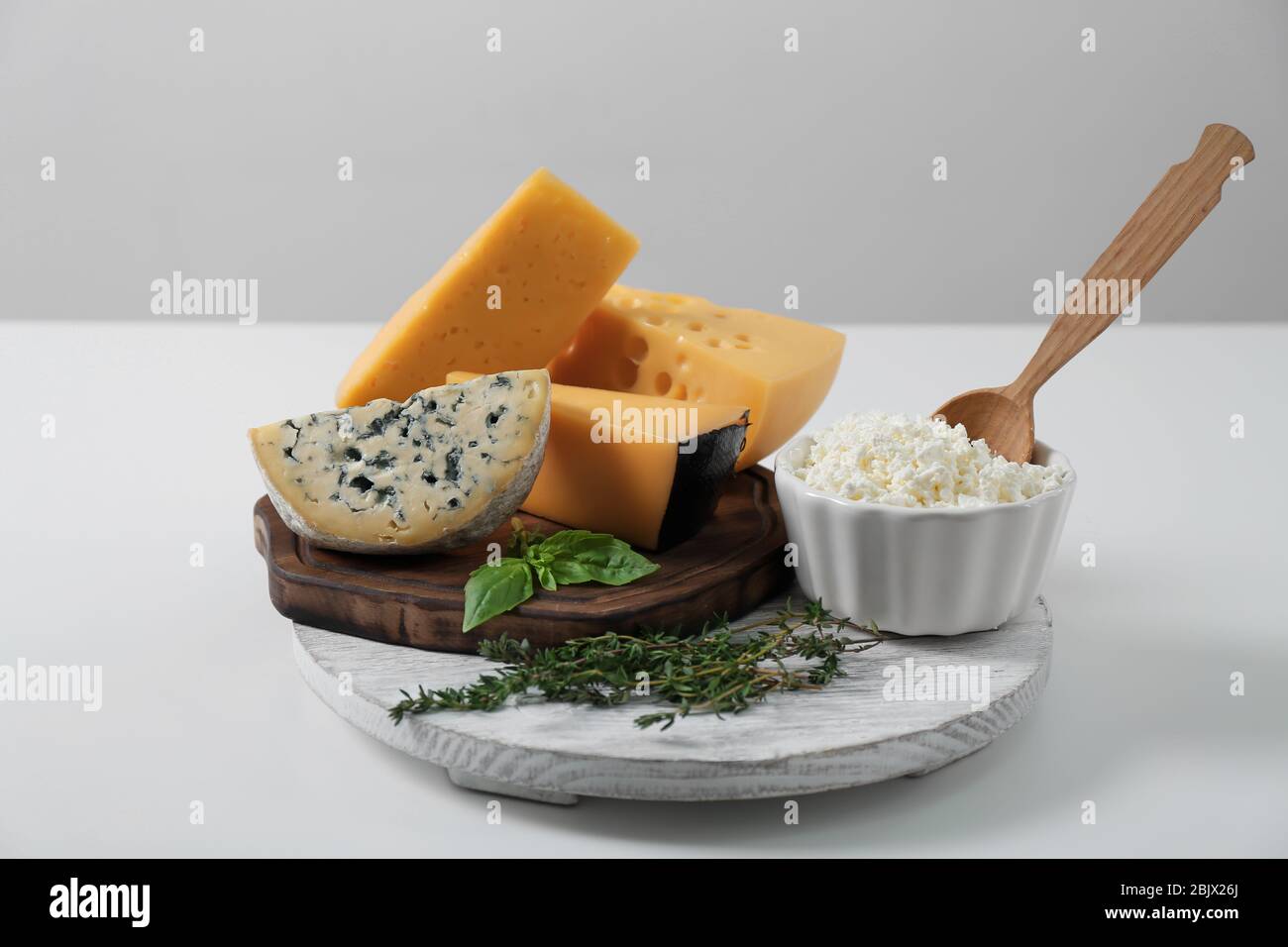 Different cheeses on table. Fresh dairy products Stock Photo - Alamy