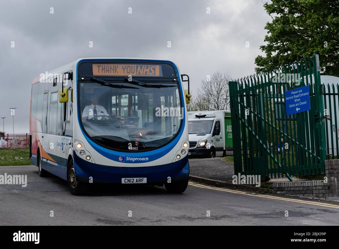 MERTHYR TYDFIL, WALES - 30 APRIL 2020 - Stagecoach bus with ‘thank you ...
