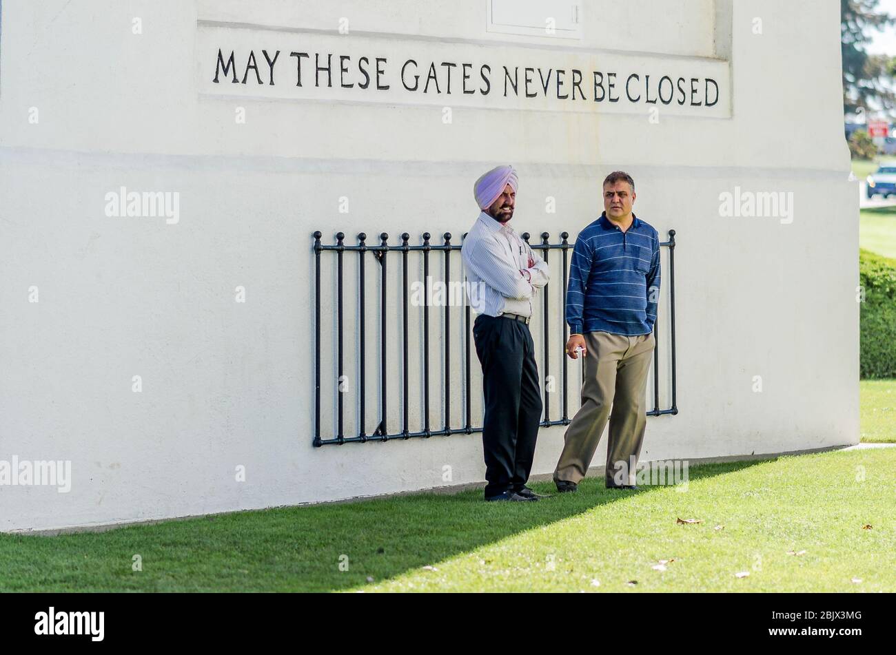Men at Peace Arch , United States, Canada border crossing gates, Blaine ...