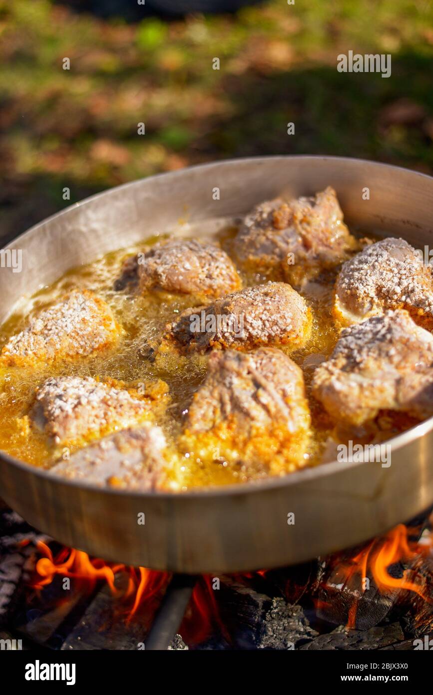 Cooking food over open fire while camping on an adventure Stock Photo ...