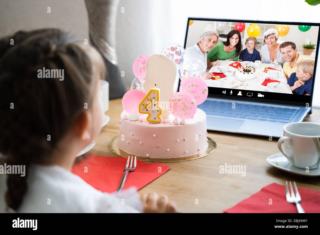 Family Celebrating Birthday Using Video Conference Call Stock Photo - Alamy