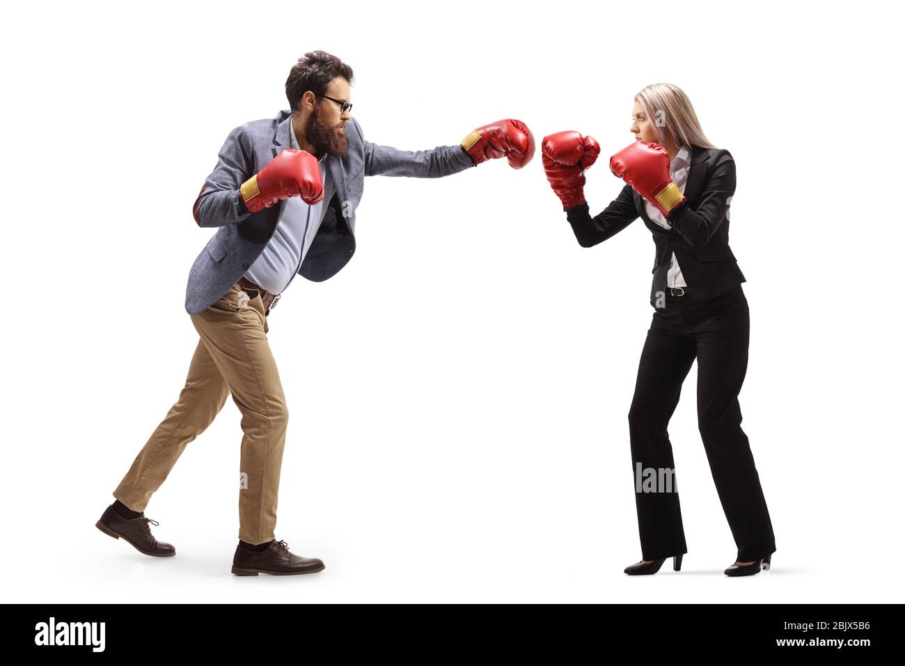 Full length shot of man and woman in formal clothes fighting with ...