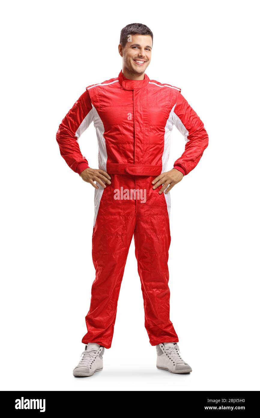 Full length portrait of a male racer standing and smiling at the camera ...