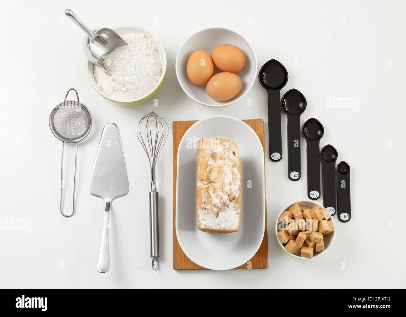 Kitchen utensils and products on white background. Cooking master ...