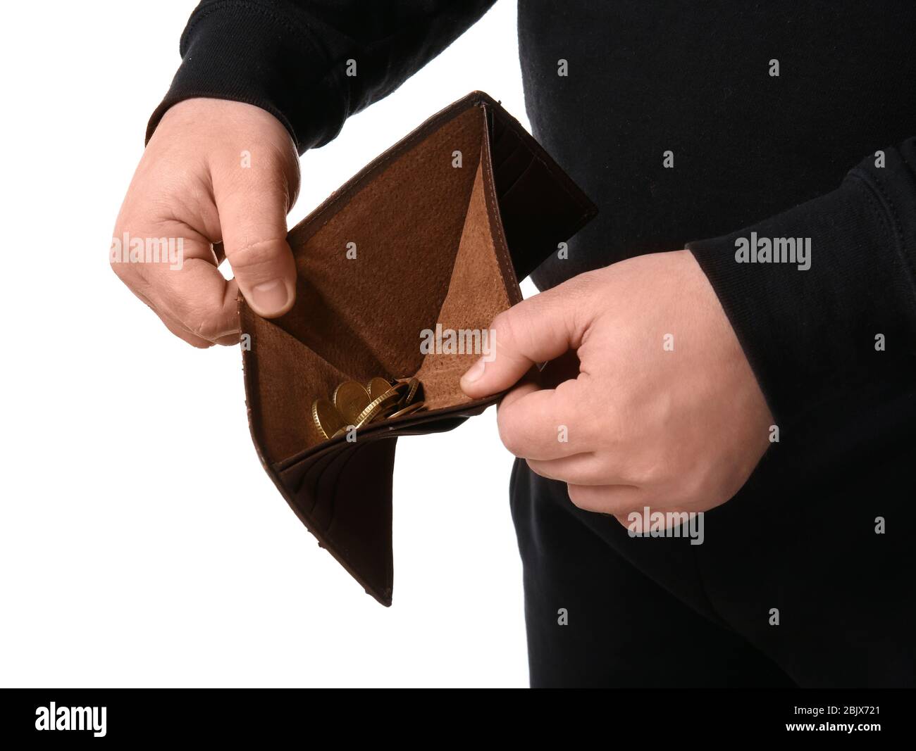 Poor man showing his wallet with coins, isolated on white Stock Photo ...