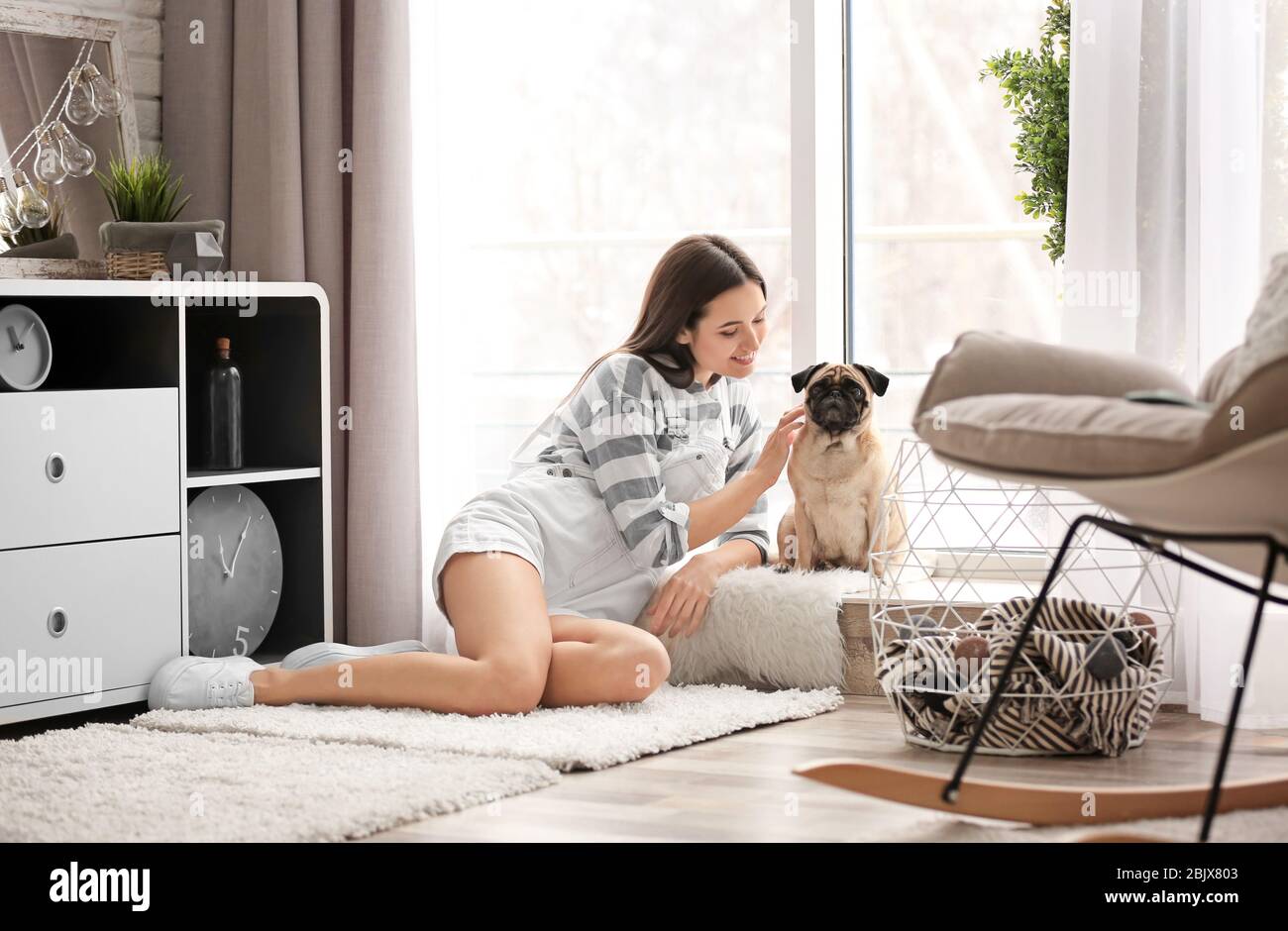Woman with cute dog at home. Friendship between pet and owner Stock ...