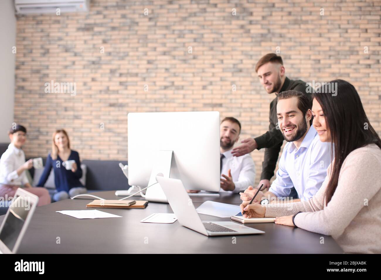 Office employees having meeting in conference room. Finance trading ...