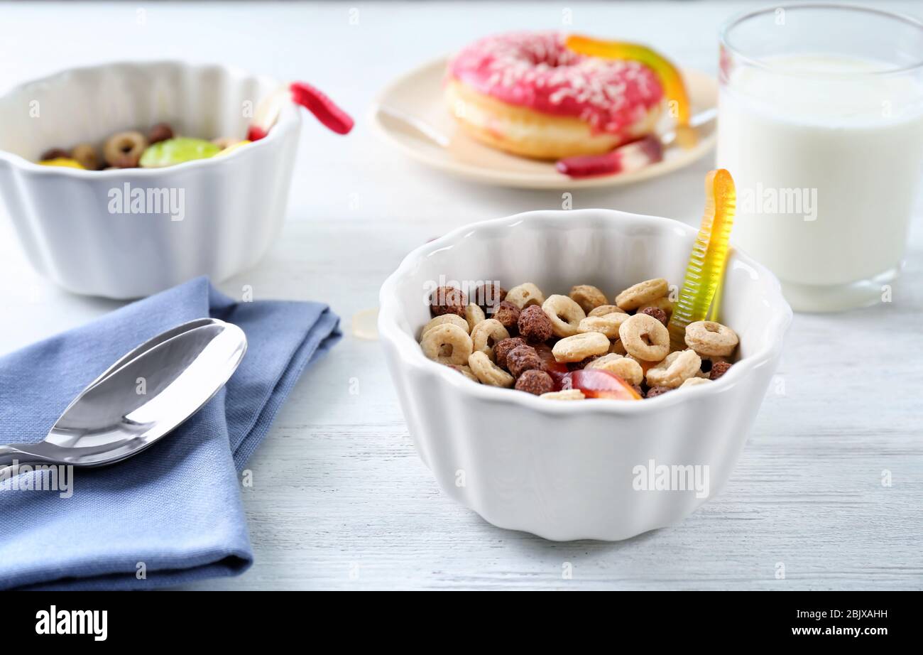 Cereal with gummy worms in bowl. April fools food Stock Photo - Alamy