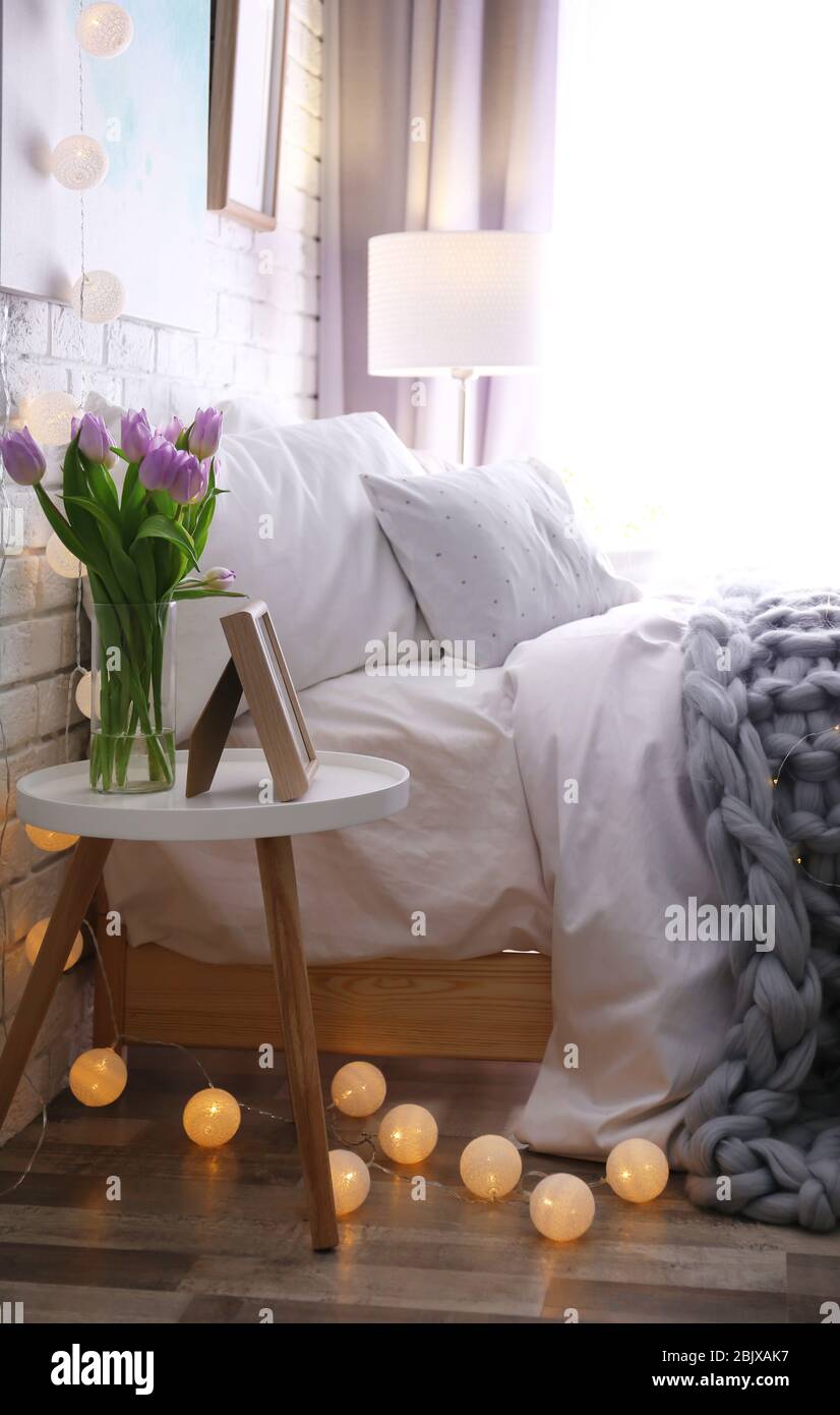 Cozy room interior with comfortable bed. Modern house design Stock ...