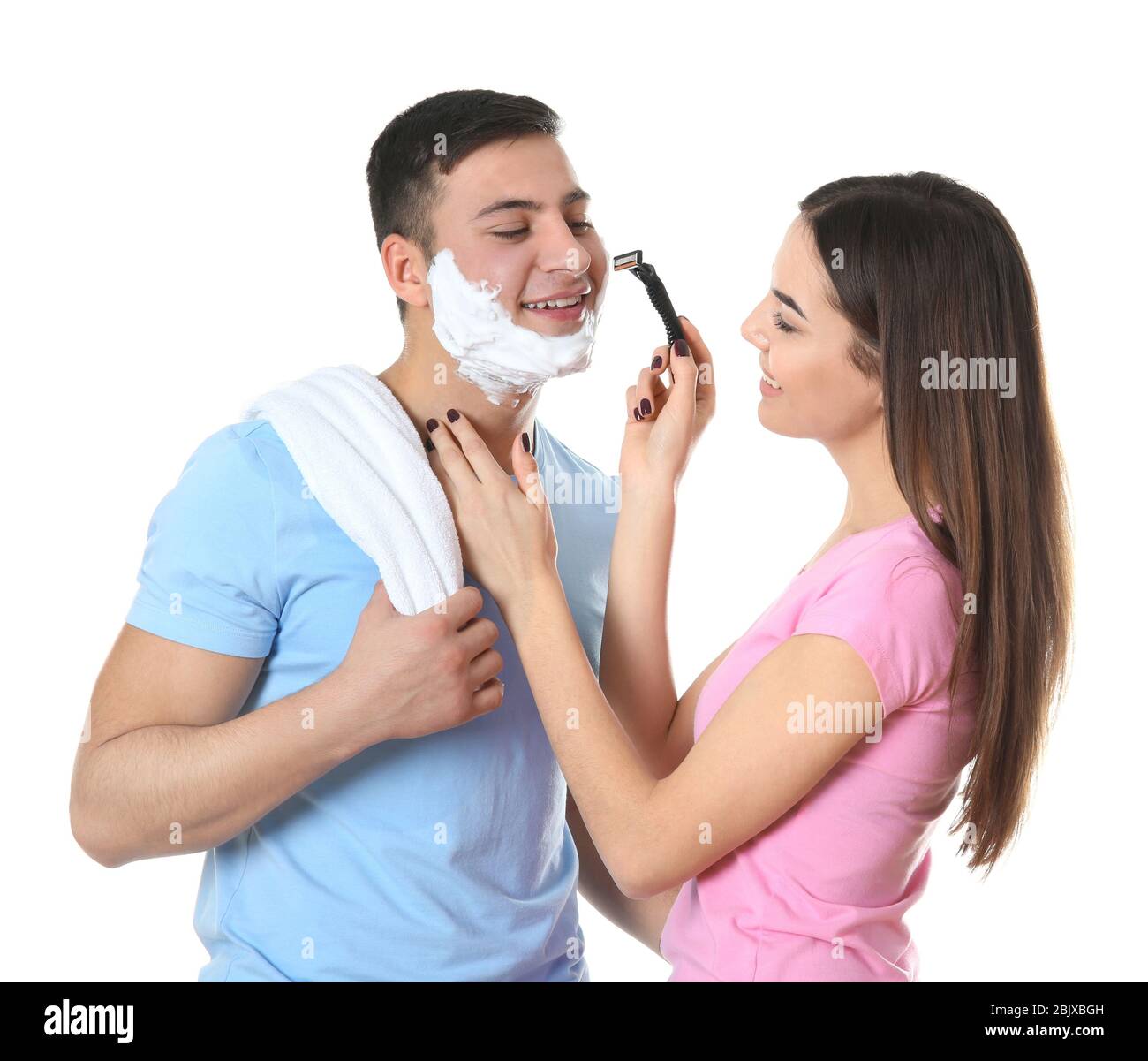 Woman shaving boyfriend face hi-res stock photography and images - Alamy