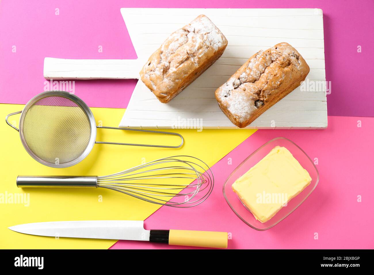 Set of kitchen utensils with products on color background. Cooking ...