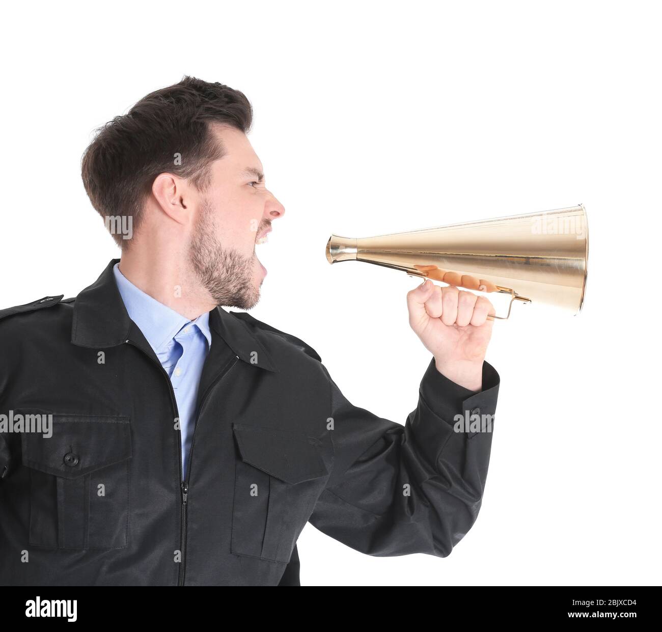 Male security guard with megaphone on white background Stock Photo - Alamy