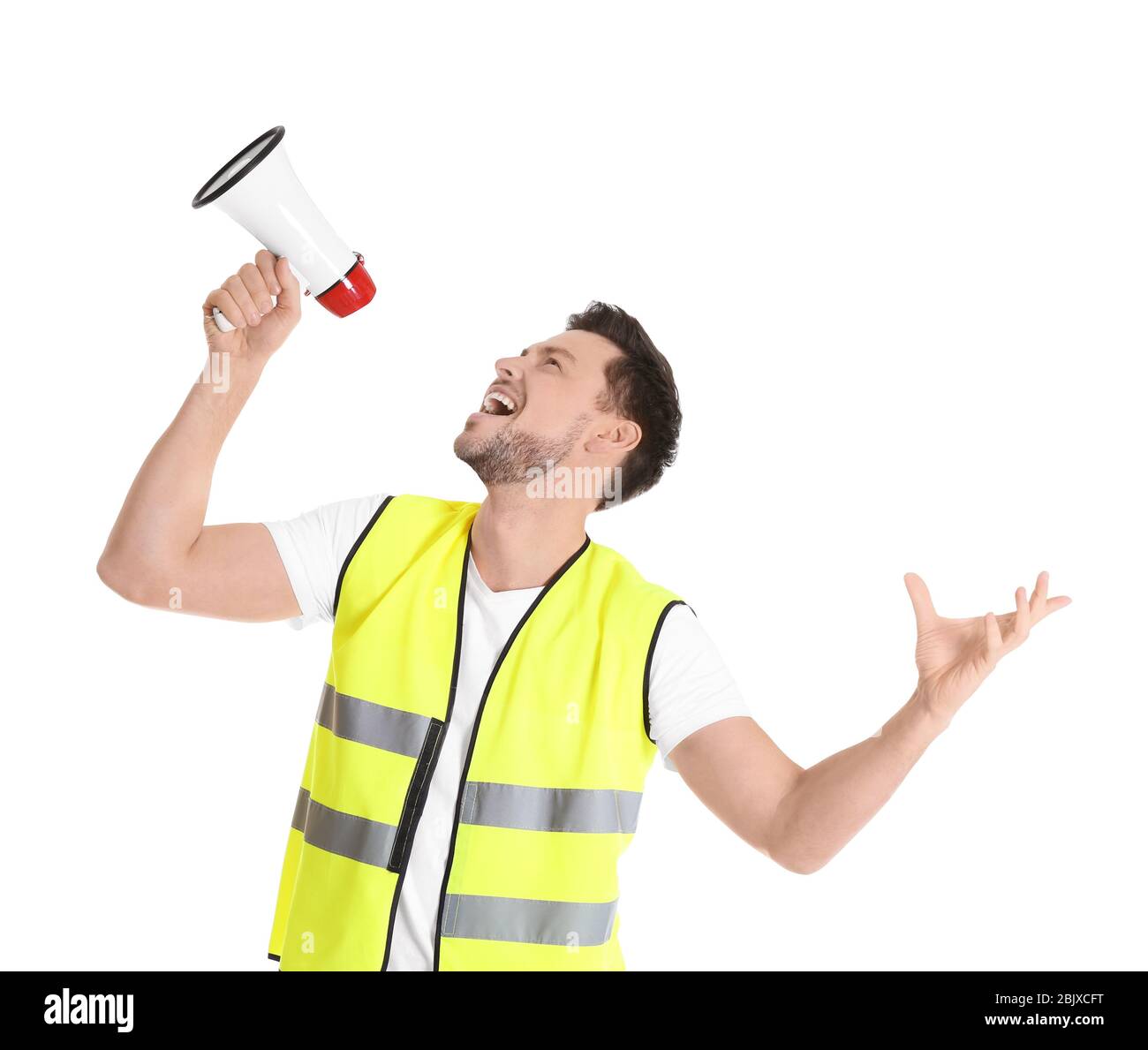 Worker with megaphone on white background Stock Photo - Alamy
