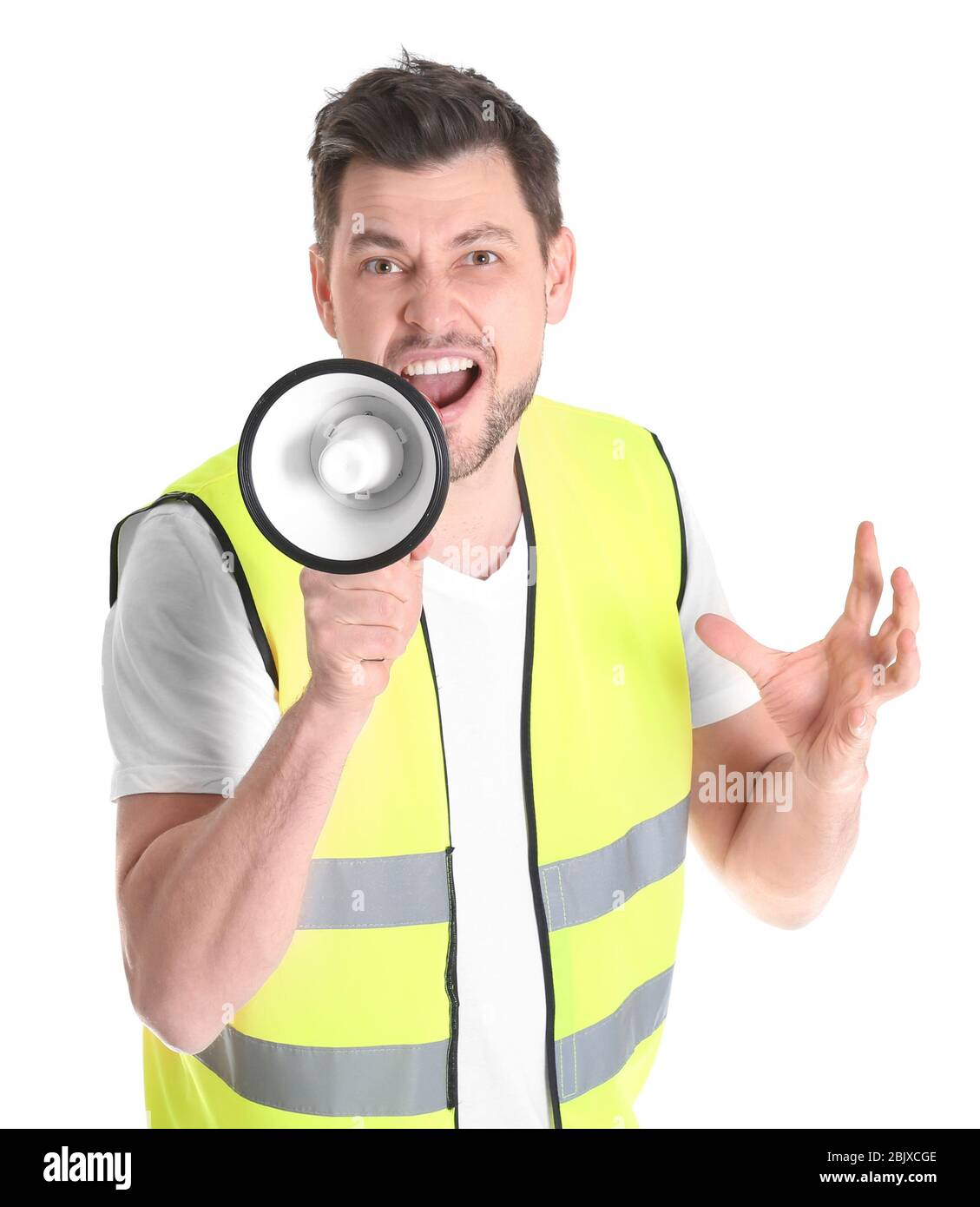 Worker with megaphone on white background Stock Photo - Alamy
