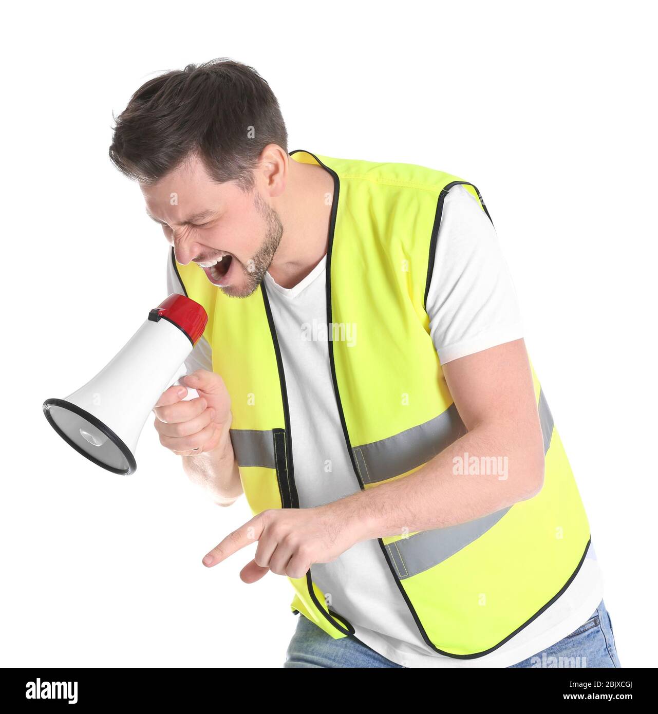 Worker with megaphone on white background Stock Photo - Alamy