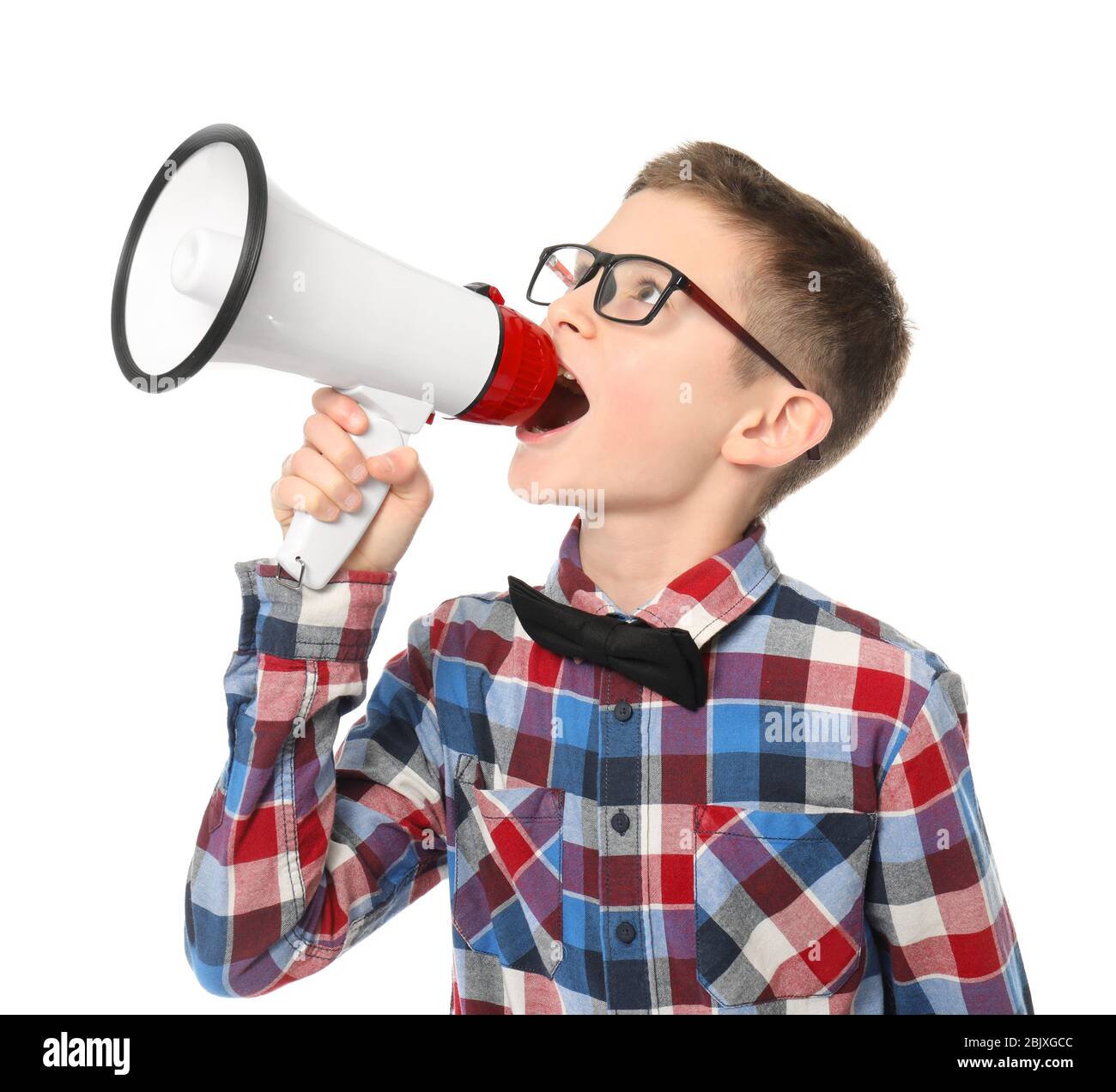 Cute little boy with megaphone on white background Stock Photo - Alamy