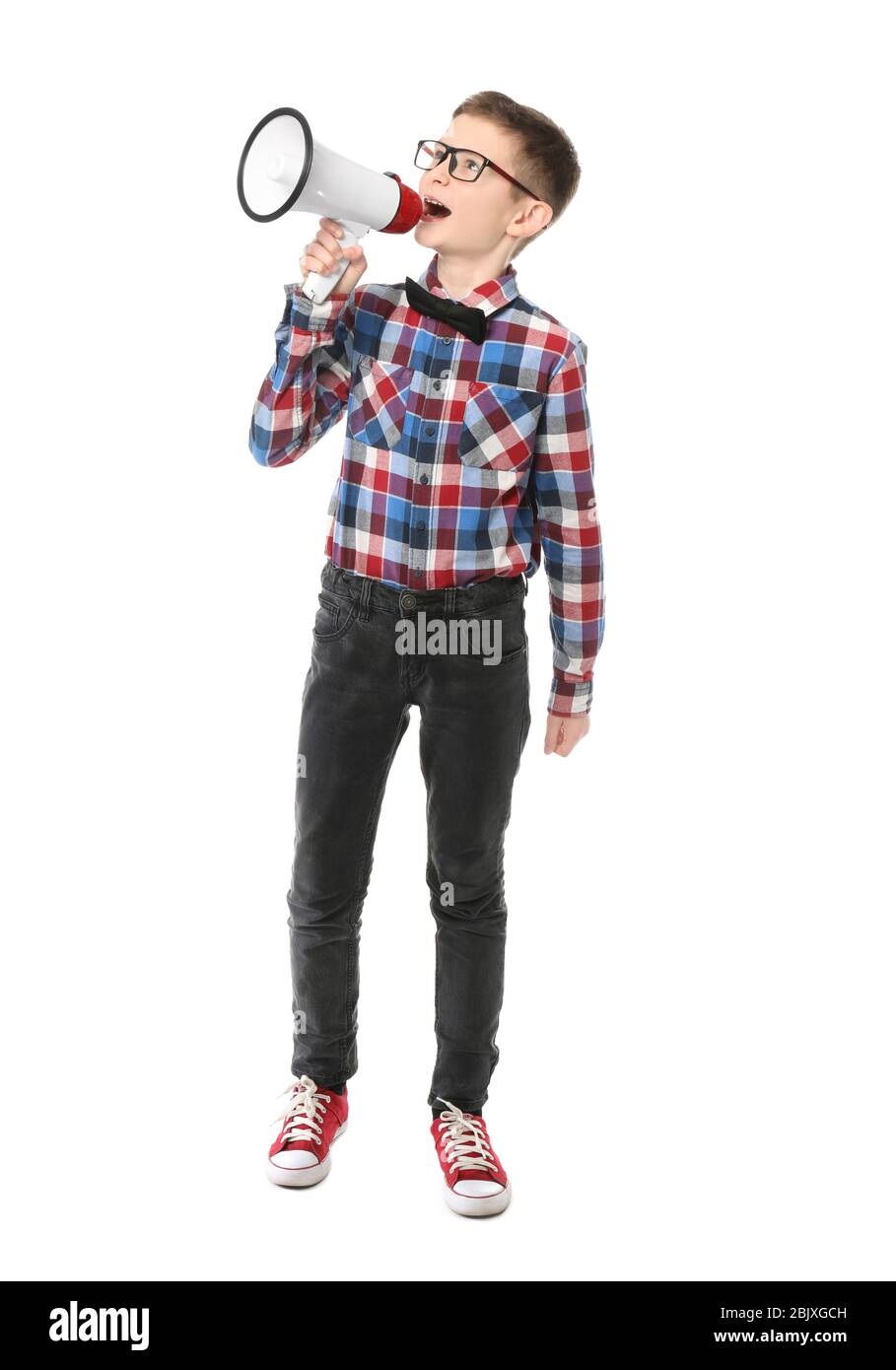 Cute little boy with megaphone on white background Stock Photo - Alamy