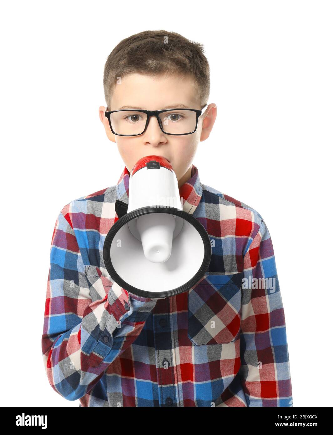 Cute little boy with megaphone on white background Stock Photo - Alamy