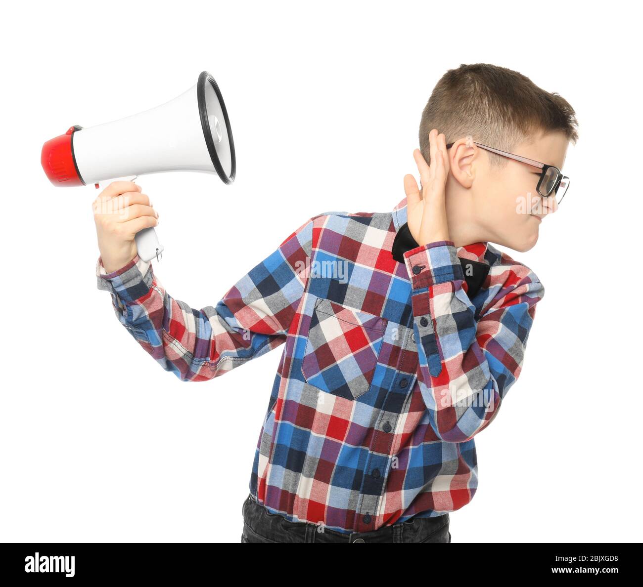 Funny little boy with megaphone on white background Stock Photo - Alamy