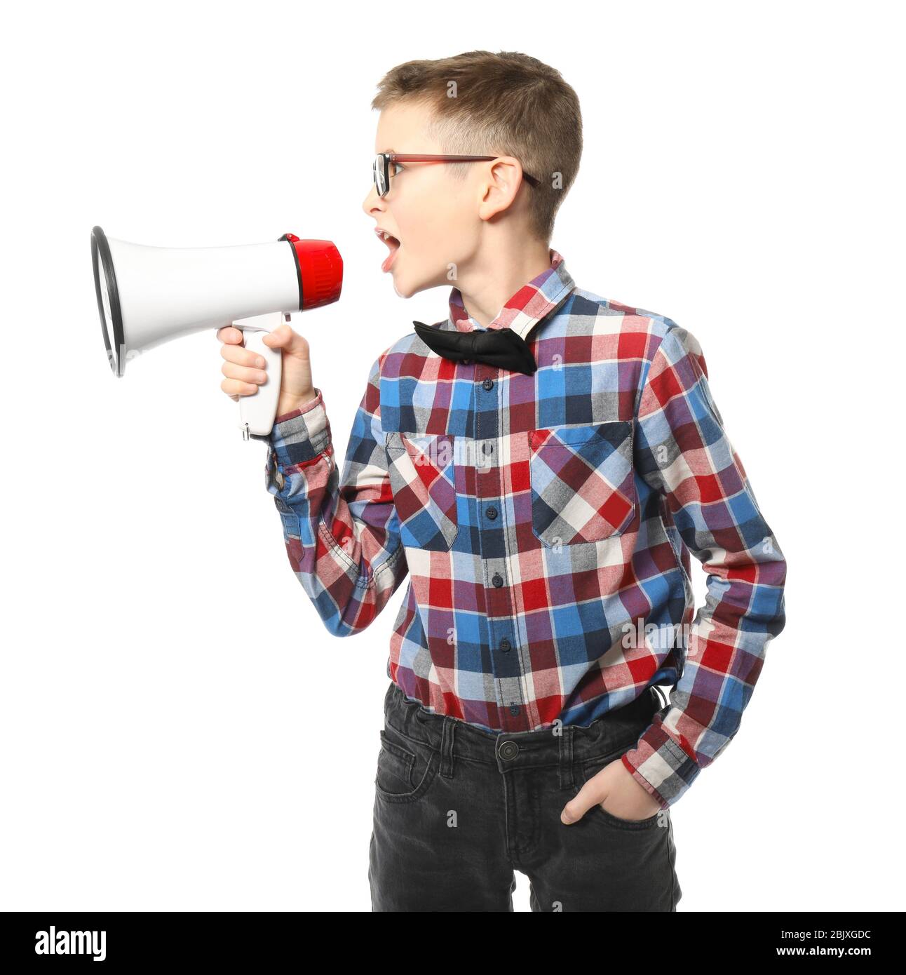 Cute little boy with megaphone on white background Stock Photo - Alamy